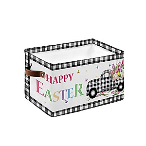 Storage Bins,Spring Truck Bunny Tail Pink Tulip Flower Black White Check Easter Storage Basket with Handles,Waterproof Collapsible Storage Bin,Rabbit Flower Butterfly Storage Organizer Shelves Closet