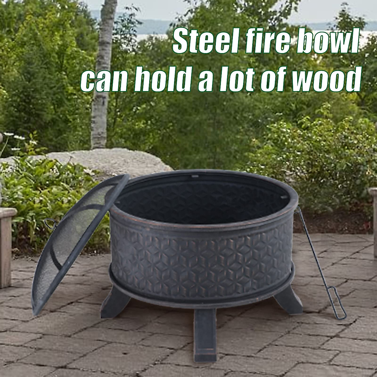 Wood Burning Fire Pit for Outside Antique Bronze 26 Inch Firepit Large Round Fire Pit Bowl with Poker & Spark Screen for Patio Lawn Backyard 4 Leg & Bronze Finish