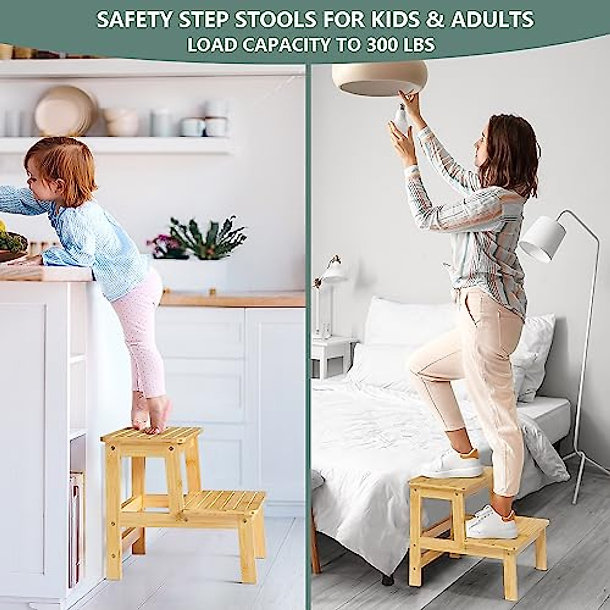 Domax Bamboo Wooden Step Stools for Kids - Toddler Step Stool for Bathroom Sink High Bed Toilet Kitchen Helper Wood Step Stool for Bedside for Adults Non-Slip Waterproof 2 Stepping Stool, Natural