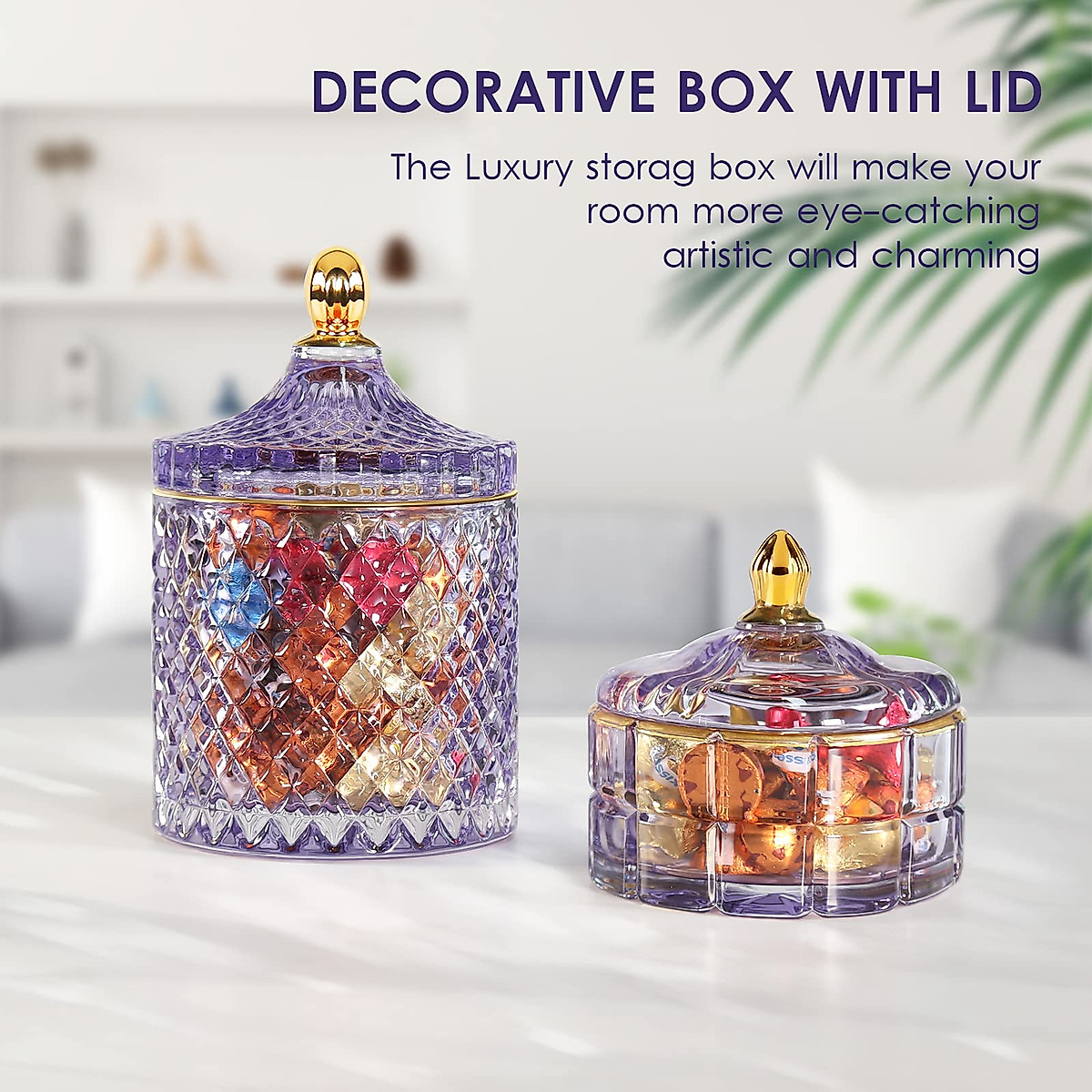 ALAMHI Candy Dish Glass Cookie Jar with Lid Candy Bowl for Office Desk Decor, Apothecary Jars Purple Bathroom Accessories Cute Room Decor Aesthetic, Q Tip Holder Decorative Glass Jewelry Box (20oz)