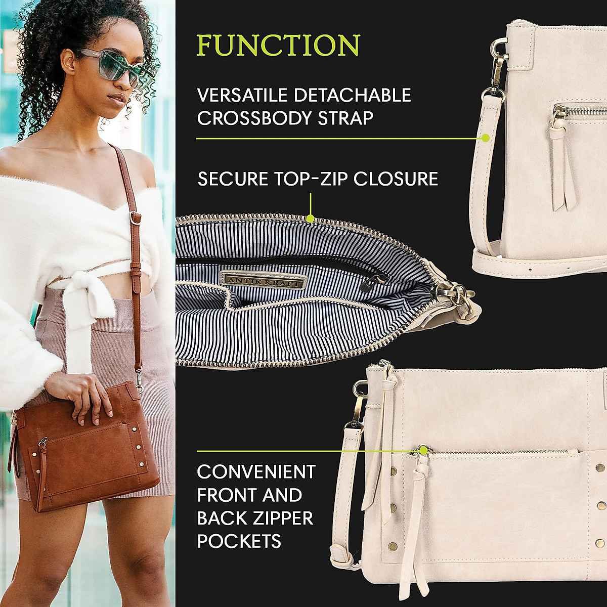 Antik Kraft The Savannah Crossbody Shoulder Bag - Bone | Vegan leather Crossbody Shoulder Bag | Shoulder Bag with removable crossbody strap 53-63 cm | 11in x 1.5in x 8.5in |