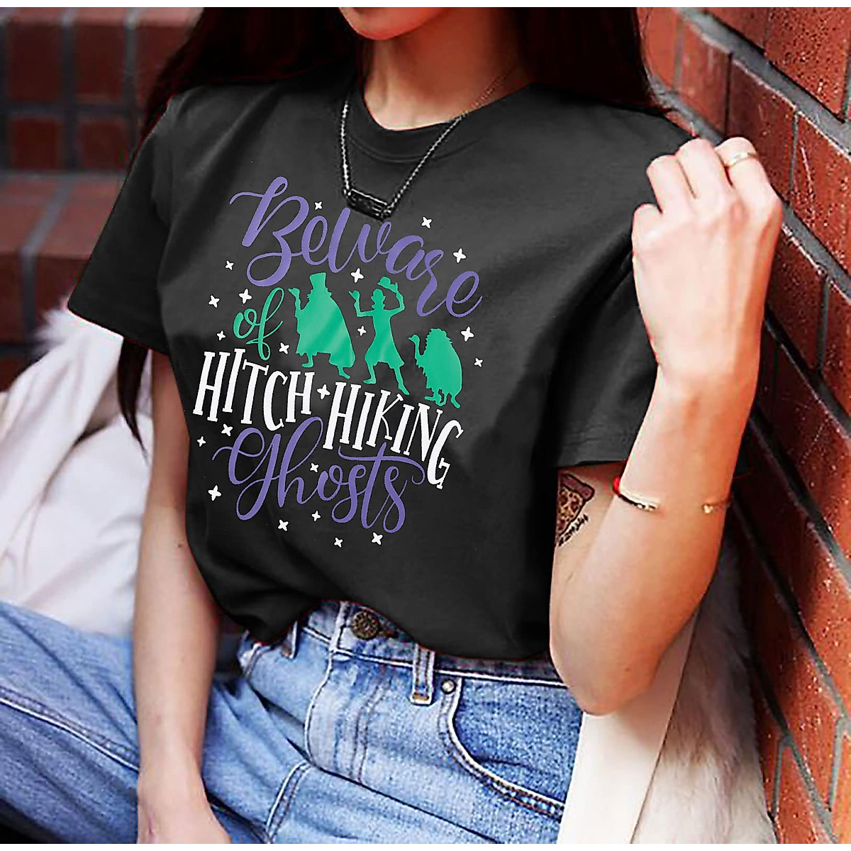 Beware of Hitch Hiking Ghost Shirt Women Funny Halloween Shirt Haunted Shirt Ghost T-Shirt Short Sleeve Shirt Gray
