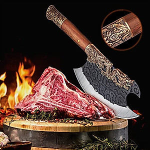 TIVOLI Heavy Duty Bone Chopping Axe, Bone Cutting Knife, Forged Carbon Steel Butcher Meat Cleaver, Multipurpose Bone Chopper Knife with Wood Handle Perfect for Kitchen Outdoors