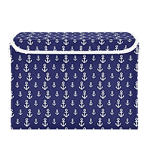 Kigai Storage Basket Nautical Anchor Blue Storage Boxes with Lids and Handle, Large Storage Cube Bin Collapsible for Shelves Closet Bedroom Living Room, 16.5x12.6x11.8 In