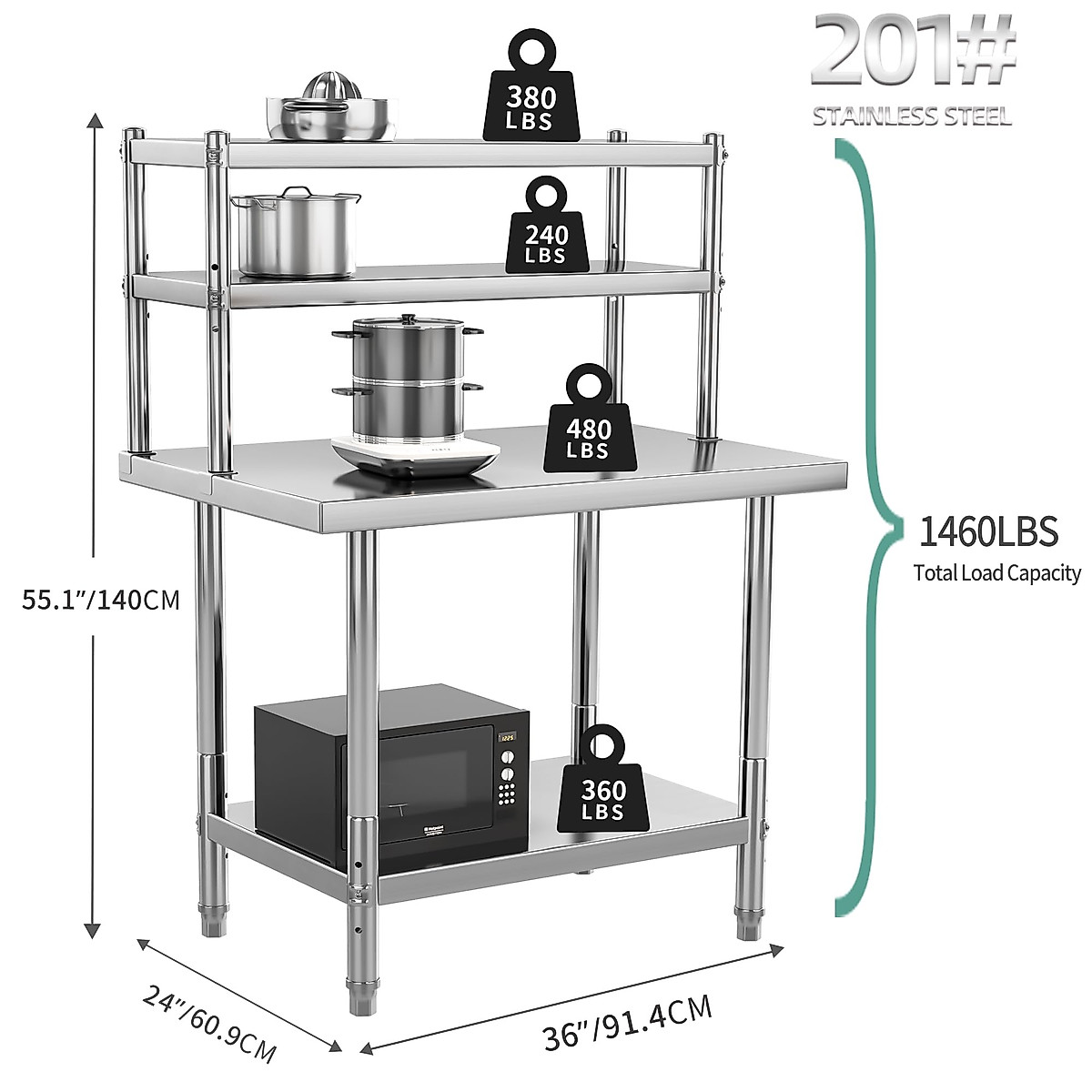 YITAHOME NSF Stainless Steel Table with Overshelves, 36" X 24" Work Table with 36" X 12" Shelf, Metal Table Prep Table for Home Kitchen Restaurant Garage Warehouse