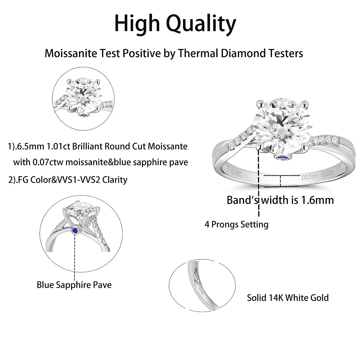 DovEggs Solitaire Moissanite Engagement Rings for Women Solid 14K White Gold Center 1ct 6.5mm FG Color Moissanite Petite Twished Wedding Ring with Blue Sapphire&Moissanite Accents Band Width 1.6mm(7)