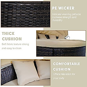 Incbruce Outdoor Daybed with Retractable Canopy, Wicker Outdoor Sectional Furniture Patio Round Daybed, All-Weather Camshell Lounger Seating Separates Cushioned Seats for Patio Backyard Pool (Brown)