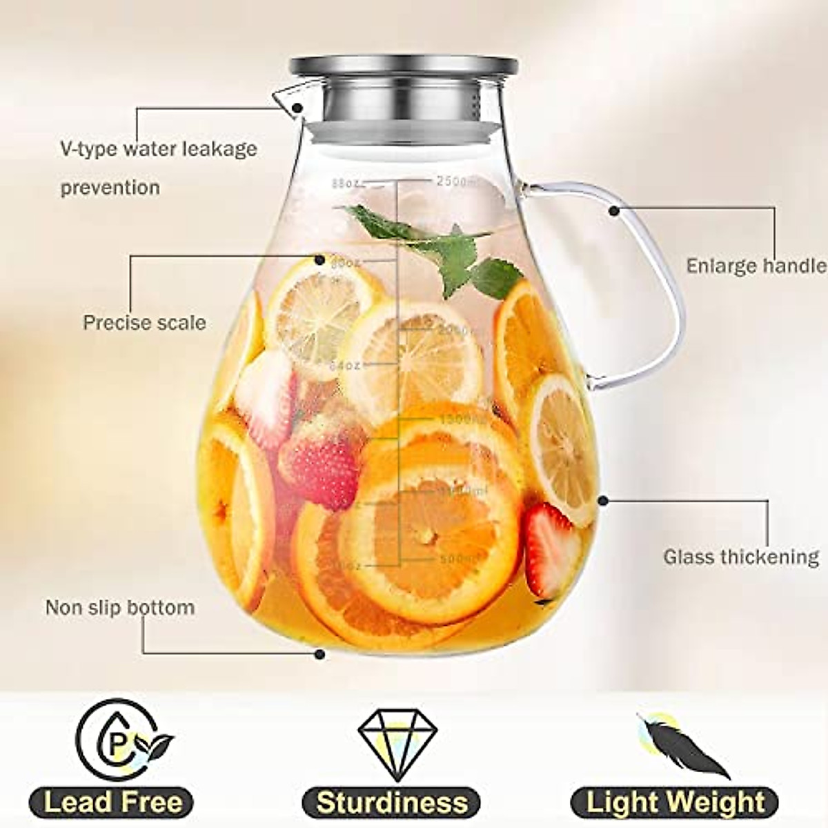 Glass Pitcher with Lid,88 Ounces -2500ml Glass Water Pitcher with Precise Scale Line, Hot/Cold Water Jug, Juice and Iced Tea Beverage Carafe with Lid
