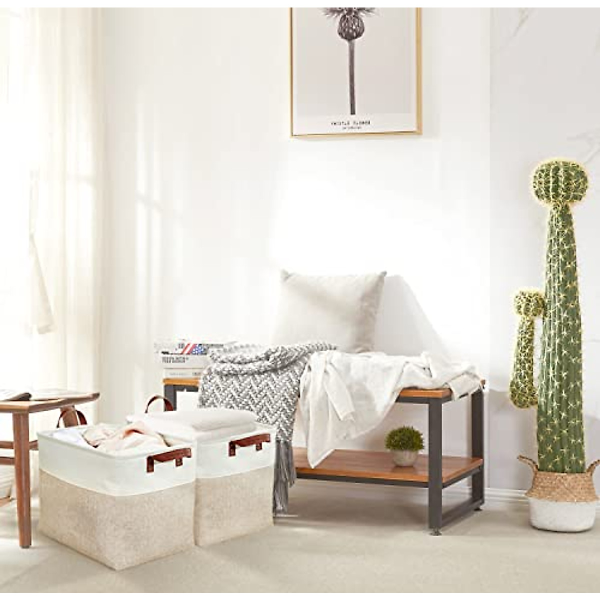 DECOMOMO Large Storage Baskets | Closet Storage Bins 17x12x13inch Canvas Baskets For Storage Laundry Nursery Toys Cloth Linen (Beige & White, XXL - 3 Pack)