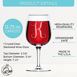 Monogrammed A-Z Wine Gifts for Women - 12.75 oz Engraved Personalized Wine Glass- Funny Wine Lover Monogram Gifts for Women - Unique Wine Glasses Gift Set (K)