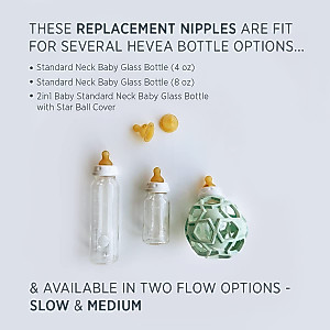 HEVEA Standard Neck Baby Glass Bottle Nipples Medium Flow: Glass Baby Bottle Nipples - Two-Pack - 100% Natural Rubber 3-24 Months