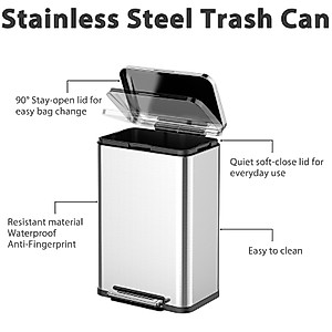 WELYFE Trash Can Set 13.2 Gallon and 2.1 Gallon, Rectangular Kitchen Waste Bins with Soft-Close Lid, Step-on Pedal, Stainless Steel, 50 Liter and 8 Liter