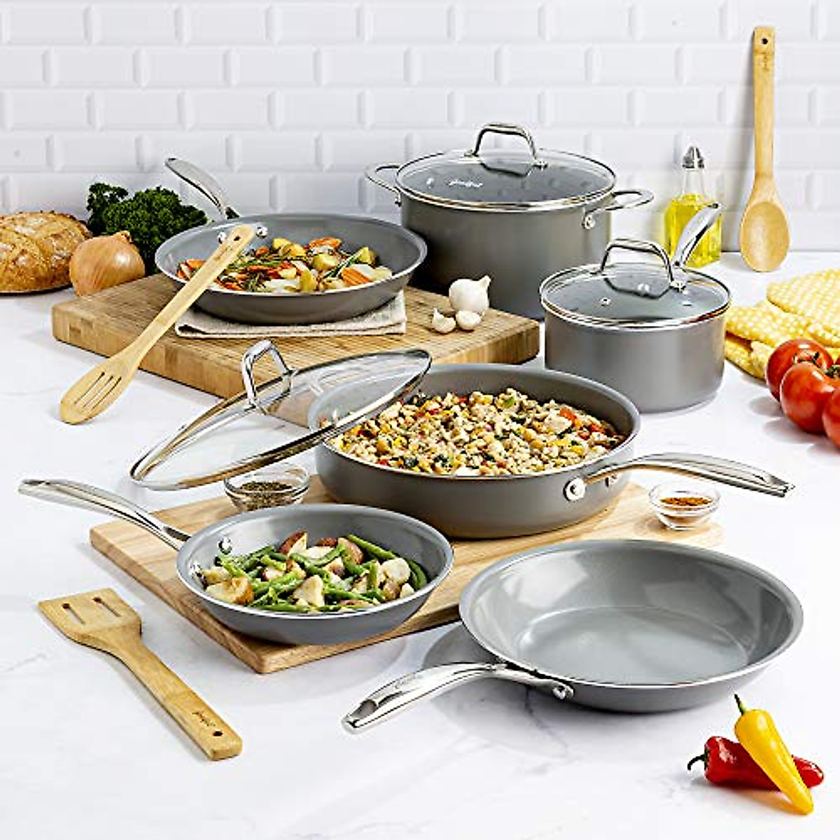 Goodful Ceramic Nonstick Pots and Pans Set, Titanium-Reinforced Premium Nonstick Coating, Dishwasher Safe Pots and Pans, Tempered Glass Steam Vented Lids, Stainless Steel Handles, 12-Piece, Gray