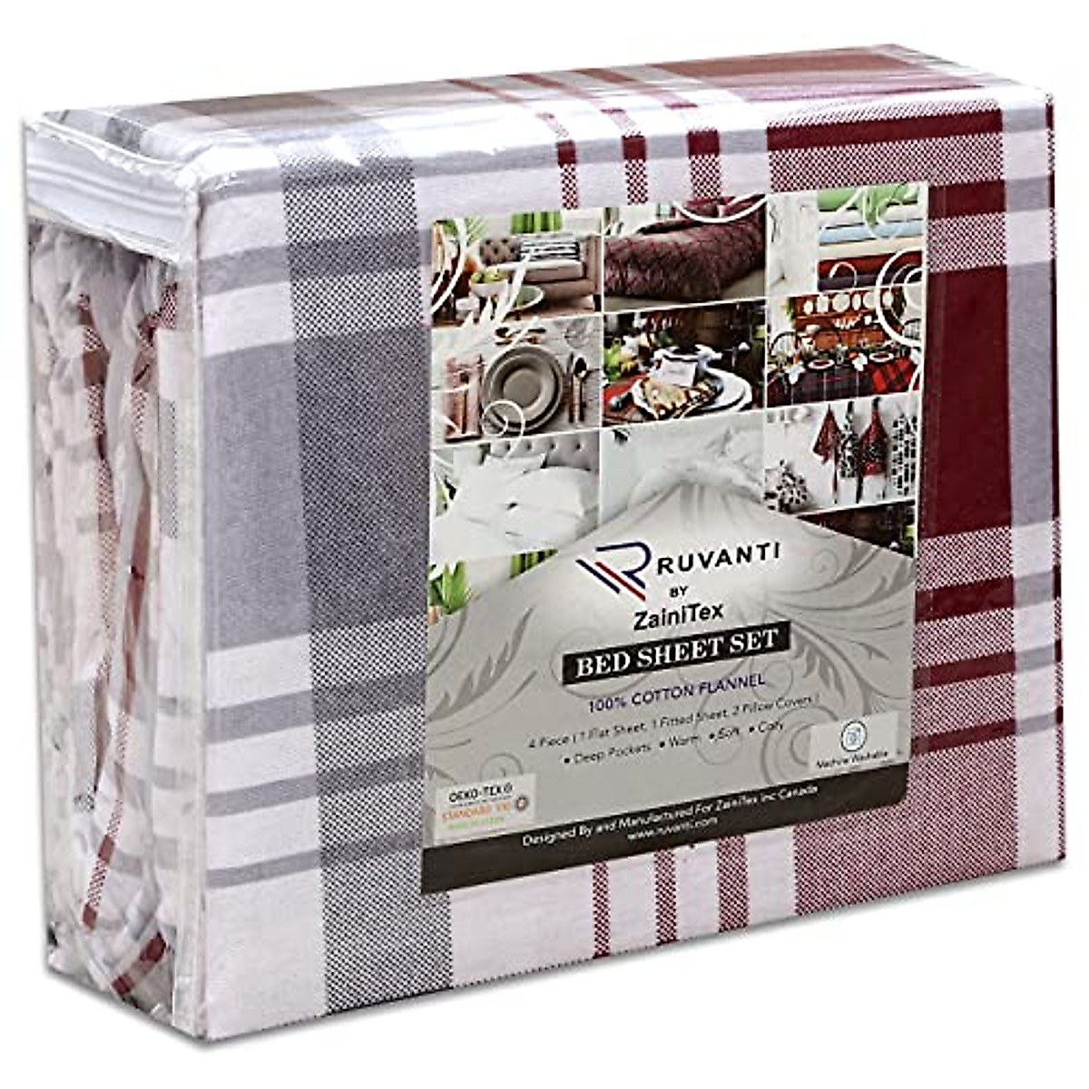 RUVANTI Flannel Sheets Full Size - 100% Cotton Brushed Bed Sheet Sets - Deep Pockets 16 Inches (fits up to 18") - All Seasons Breathable & Super Soft - Warm & Cozy - 4 Pcs - Balance Plaid Maroon