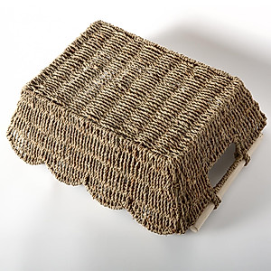Scalloped Edge Basket with Wooden Handle, Water Hyacinth/Seagrass/Wicker Storage Baskets, Hand Woven Baskets for Shelves,Natural Baskets for Organizing (Seagrass, 16.5 * 12.6 * 5.5“)
