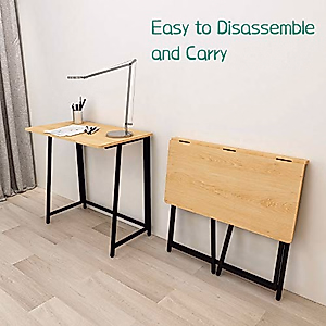 Siunzs Folding Desk, 32 Inch Small Desks for Small Spaces,Space Saving Foldable Computer Desk for Home Office Study Writing, Portable Small Collapsible Desk, Easy Assembly, Black Frame, Maple