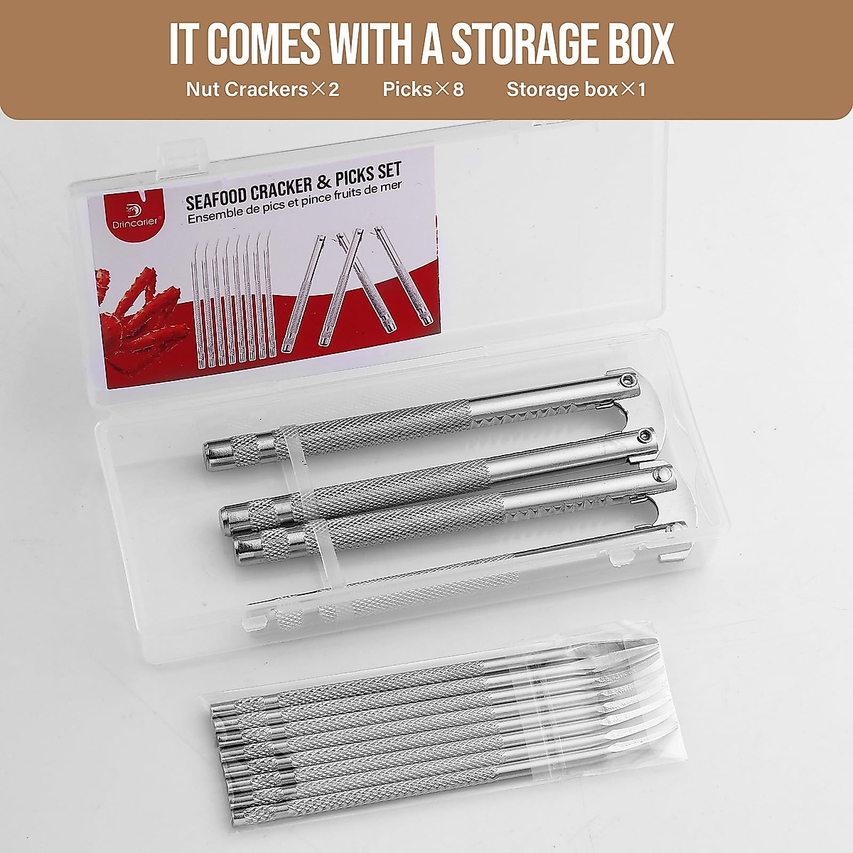 Drincarier Lobster Crackers and Picks Set, 10-Piece Crab Leg Cracker Tools - Stainless Steel Seafood Crackers & Forks Nut Cracker Set - Dishwasher Safe