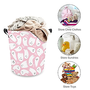 HoaMoya Collapsible Pink Cute Ghost Laundry Basket Freestanding Laundry Hamper With Handles Large Waterproof Cloth Toy Storage Bin for Household Bedroom Bathroom
