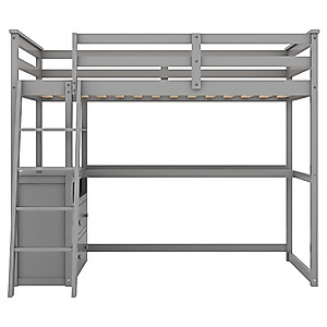 Twin Size Loft Bed with Desk and Drawers, Wood Twin Loft Bed with Storage Shelves, Angled Ladder and Wood Slat Support, High Loft Bed for Kids, Teens, Adults Boys & Girls, Gray