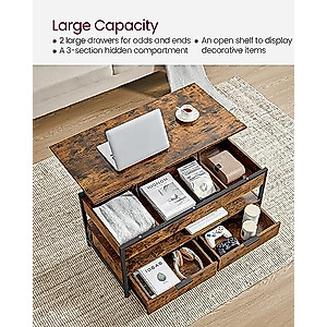 VASAGLE Lift Top Coffee Table with Storage Drawers and Charging Station, Coffee Table for Living Room with Lifting Top, Hidden Compartments and Open Shelf, Rustic Brown and Ink Black ULCT206B01