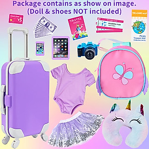 K.T. Fancy 23 pcs American 18 Inch Doll Accessories Suitcase Travel Luggage Play Set for 18 Inch Doll Travel Carrier, Sunglasses Camera Computer Phone Pad Travel Pillow Passport Tickets Cashes