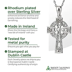 Biddy Murphy Irish Celtic Cross Pendant Necklace for Women, 925 Sterling Silver, Ornate Traditional Irish Jewelry, Small 7/8", 18" Length Crafted in Co. Dublin, Ireland