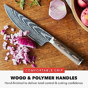 GreenPan x Bobby Flay 13 Piece Stainless Steel Cutlery Kitchen Knife Block Set, Premium Stainless Steel Blades, Acacia Wood Knife Block, Hand Finished Wood Handle, Damascus Steel Design