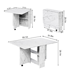 VANSPACE Folding Dining Table Drop Leaf Table for Small Spaces with Storage Racks Multifunction Space Saving Table Extension Dinner Table for Kitchen Bedroom Dining Room White Marble
