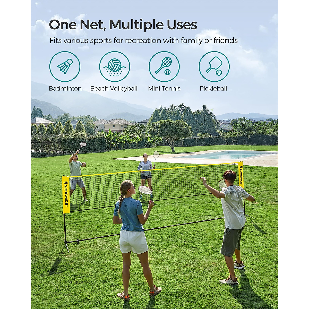 SONGMICS 16.5 ft Badminton Net, Height Adjustable Volleyball Net, Pickleball Net with Poles, Foldable Nylon Net for Tennis Indoor Outdoor Court, Yellow and Black USYQ500Y