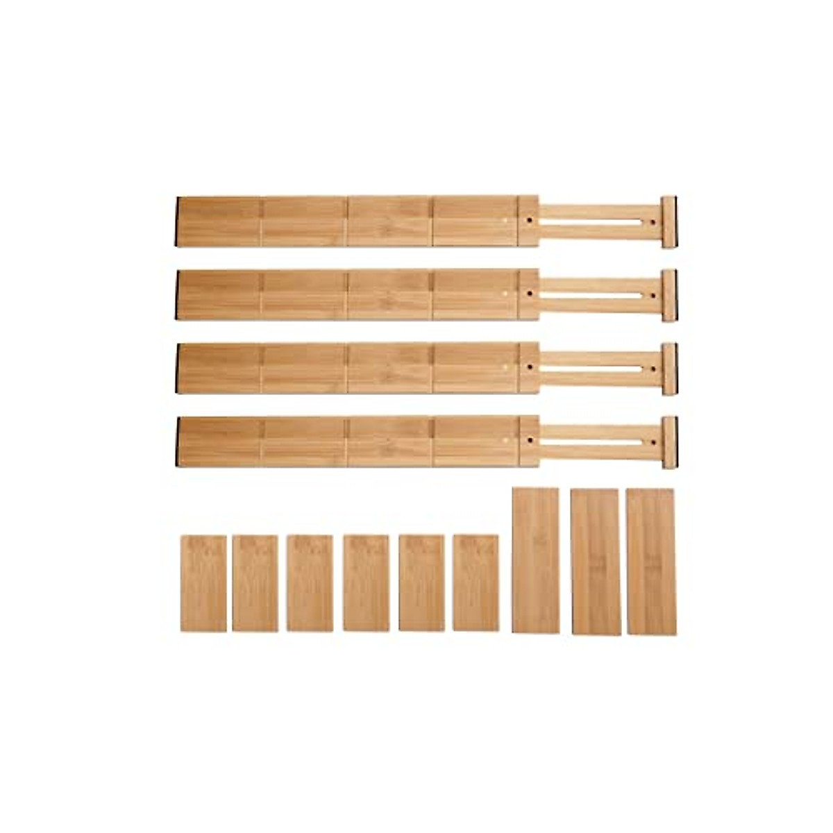 BamBamBoo Adjustable 17-22in Bamboo Dividers Organizers with 9 Inserts, Expandable Spring Loaded Drawer Dividers for Kitchen, Dresser, Bedroom, Bathroom, Office, and Garage (4 Pack)