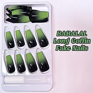 BABALAL Coffin Press on Nails Long Fake Nails Green Black Glue on Nails 24Pcs Ombre Ballerina Acrylic Nails for Women and Girls