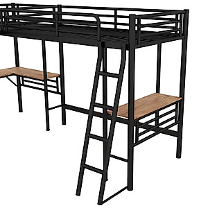 MERITLINE Metal Twin Size L-Shaped Loft Bed, Twin Size Loft Bed Frame with Two Built-in Desks Underneath for Kids Boys Teens, Black