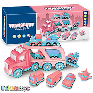 Bakatatoyz Pink Car Carrier Truck Set(9 in 1) with Lights and Sounds, Friction Powered Double Deck Container Transport Truck with 8 Mini Cartoon Pull Back Vehicles, Girls Toy for Toddler Birthday Gift