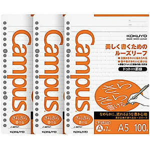 Kokuyo Campus Loose Leaf Paper for Binders, Sarasara Smooth Writing, A5, A 7mm Dotted Ruled, 20 Holes, 24 Lines, 100 Sheets, pH Neutral, Bleed Resistant, 75gsm, Pack of 3, Japan Import (NO-807AT)
