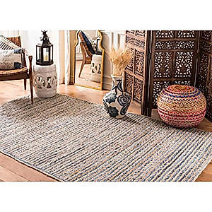 SAFAVIEH Cape Cod Collection Area Rug - 4' x 6' Oval, Natural & Blue, Handmade Flat Weave Jute, Ideal for High Traffic Areas in Living Room, Bedroom (CAP250A)