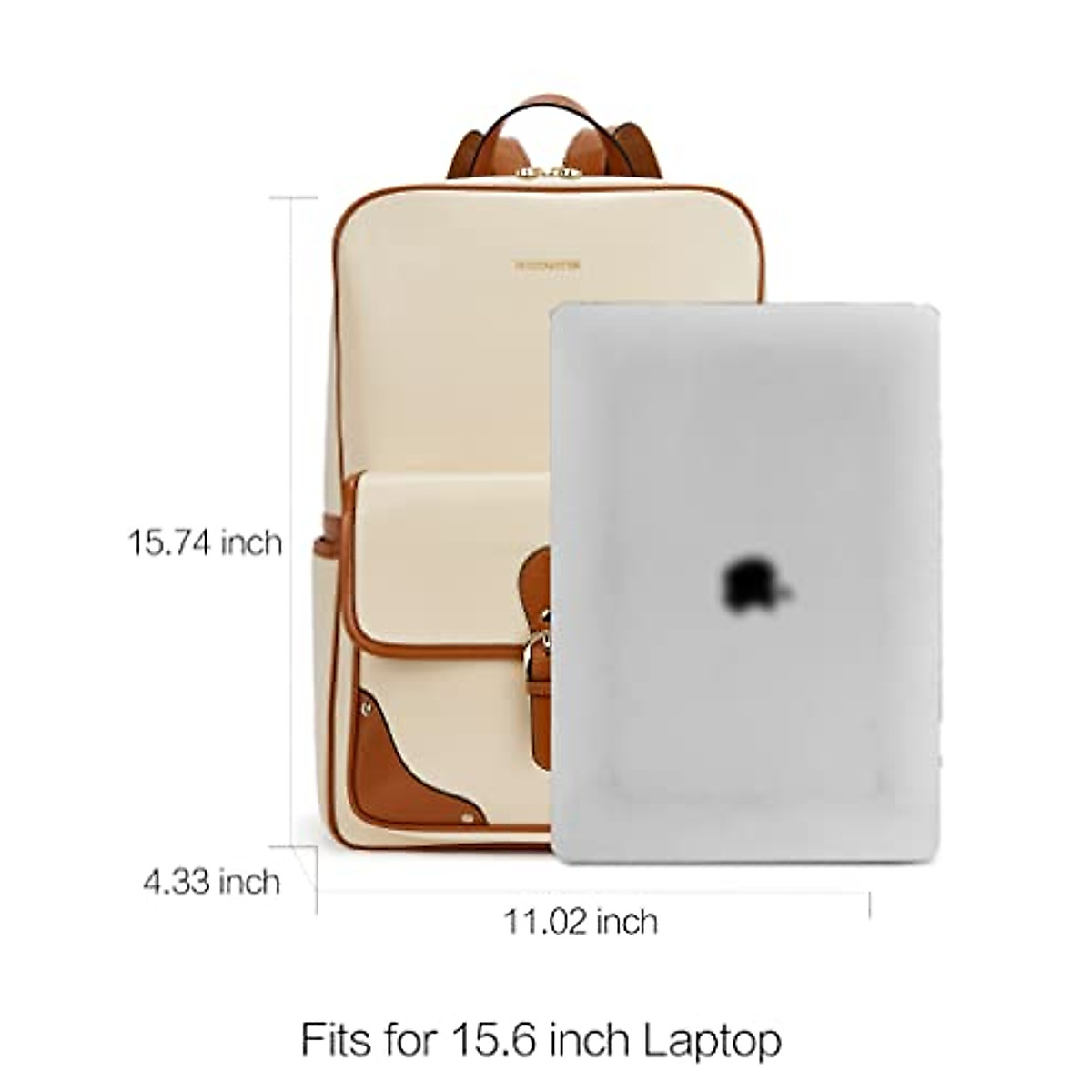 BOSTANTEN Leather Laptop Backpack for Women 15.6 inch Computer Bag Stylish College Daypack Travel Bag Off-white with Brown