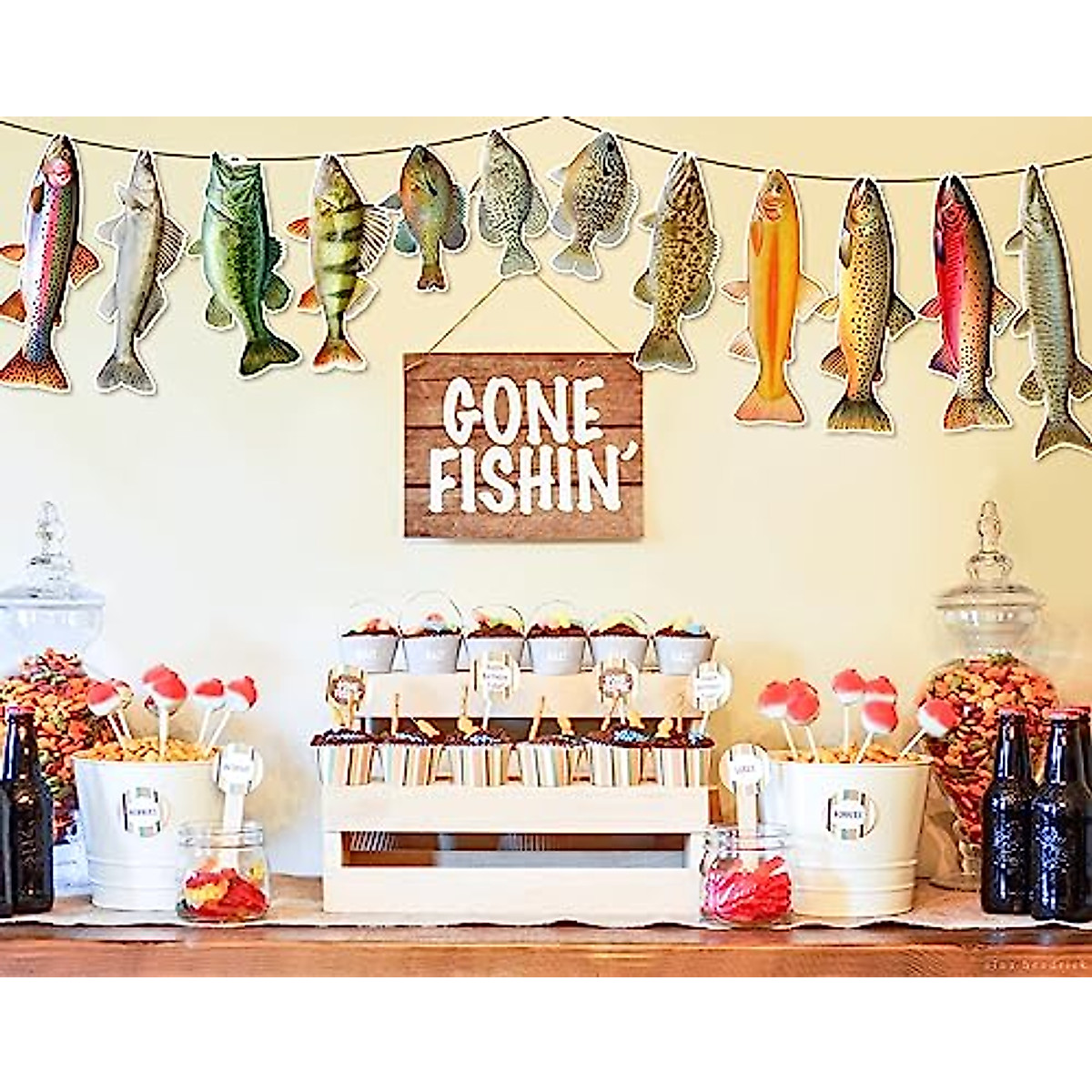 Ushinemi Fishing Birthday Decorations, Gone Fishing Party Supplies Sunfish Trout Bass Fishing Banner for Adults and Kids