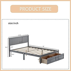 Full Size Platform Bed Frame with Under-Bed Drawers & Headboard, Platform Bed with No Box Spring Needed, Sturdy Wooden Slats Support for Bedroom Small Living Space Boys Girls Room (Gray, Full)