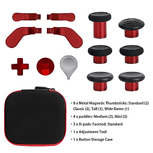 Metal Thumbsticks for Xbox One Elite Controller Series 2 Accessories, 13 in 1 Replacement Magnetic Buttons kit Includes 6 Swap Magnetic Joysticks, 4 Paddles, 2 D-Pads, 1 Adjustment Tool (Plating Red)