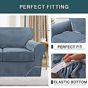 FantasDecor 4 Piece Sofa Velvet Couch Covers for 3 Cushion Stretch Slipcover with Individual Seat Cushion Elastic Furniture Protector for Pets, Machine Washable (Sofa,Stone Blue)