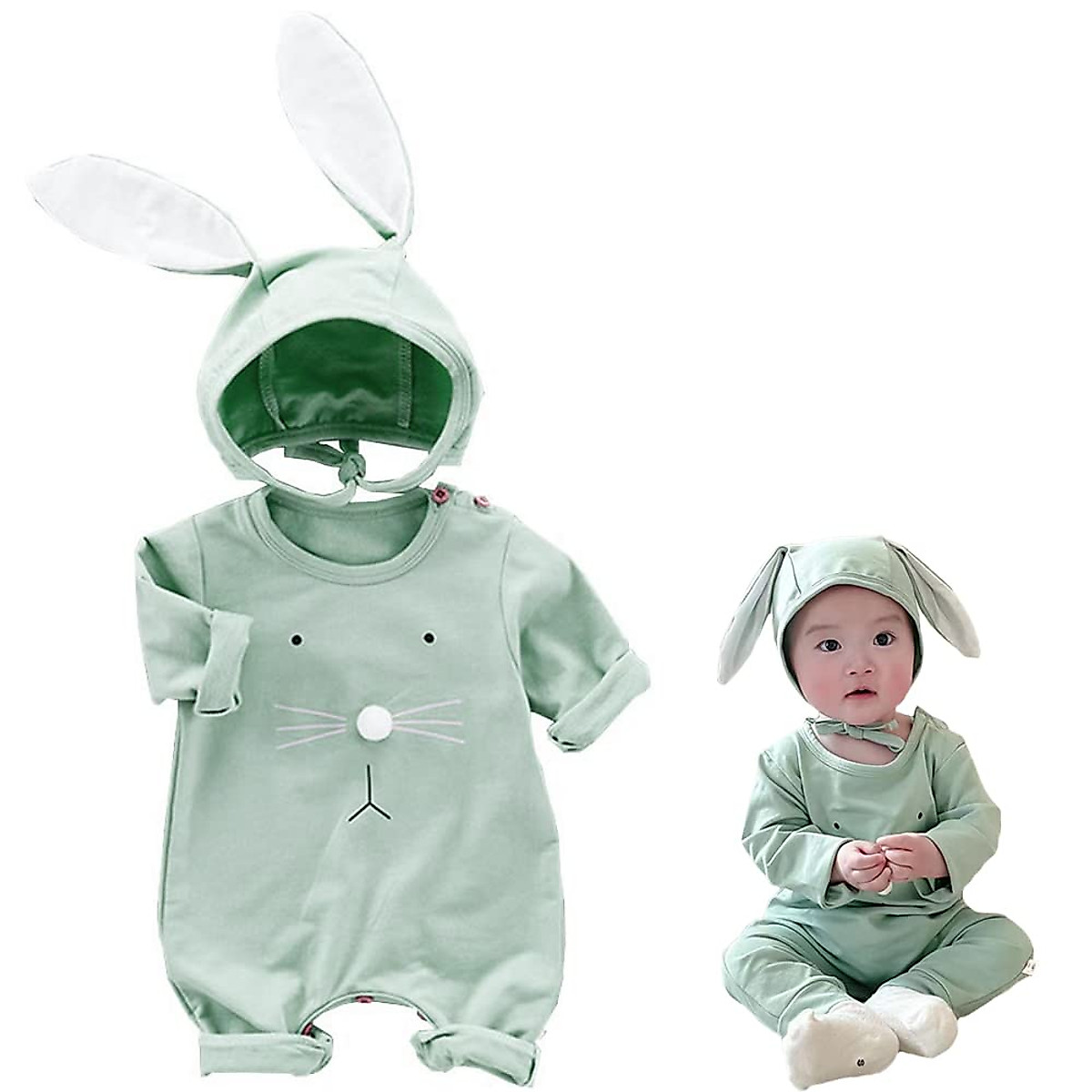 XIFAMNIY Easter Outfits Baby Girls Boys Bunny Romper Bodysuit Jumpsuit Infant Newborn with Rabbit Hat
