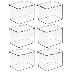 mDesign Small Plastic Home Office Storage Organizer Box Containers w/Hinged Lid for Desktops - Holds Pens, Pencils, Sticky Notes, Highlighters, Staples, Supplies - Lumiere Collection - 6 Pack - Clear