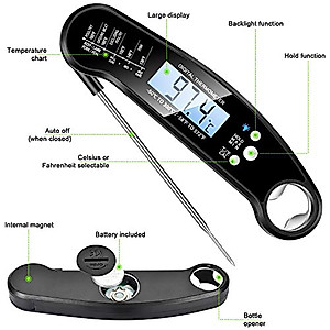 Waterproof Digital Instant Read Meat Thermometer Folding Probe Calibration Function for Cooking Food Candy, BBQ Grill, Calibration Bottle Opener for Kitchen (Black)