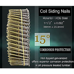 Siding Nails 1-1/2-Inch x .092-Inch 15-Degree Collated Wire Coil, Full RoundHead, Ring Shank Hot-Dipped Galvanized 1600 Count for Rough Nailing of Lathing and Sheathing Materials by BOOTOP