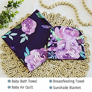 Newborn Swaddle Blanket with Beanie Set,Soft Stretchy Blanket for 0-3 Months Baby Boys and Girls(Purple Flower)