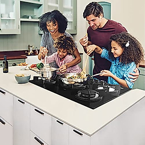 Gas Cooktop 30 inches 5 Burners in Tempered Glass, Built In Gas Stove Gas Hob Stovetop with Cast Iron Grates, LPG/NG Convertible and Easy to Clean