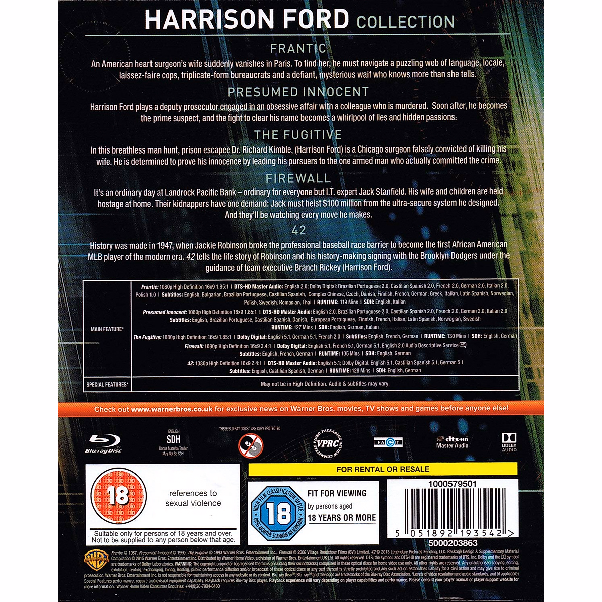Harrison Ford 5-Film Collection (Frantic / Presumed Innocent / The Fugitive / Firewall / 42)