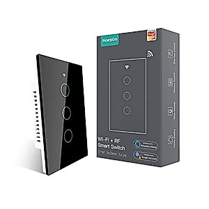 MoesGo 2nd Generation WiFi RF433 Smart Touch Wall Single Wire Smart Switch?No Neutral Wire Needed Compatible with Smart Life/Tuya App, Works with Alexa and Google Home Single Pole 110V Black 3 Gang