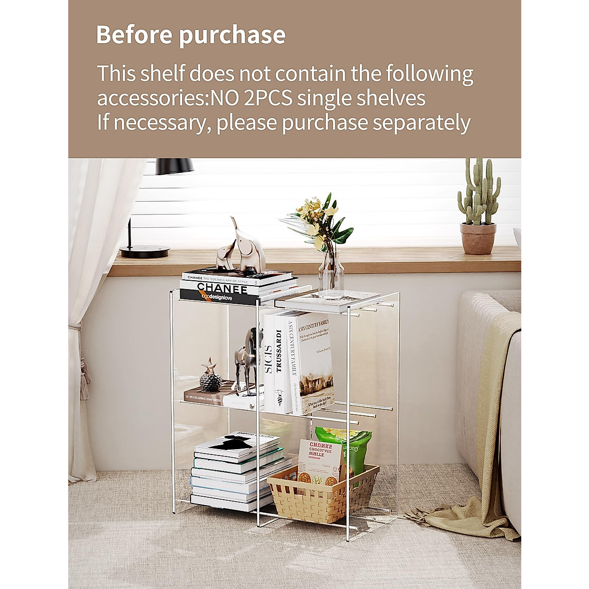 solaround Acrylic Bookshelf Bookcase, Storage Organizer for Bathroom, Clear Storage Shelf Freestanding