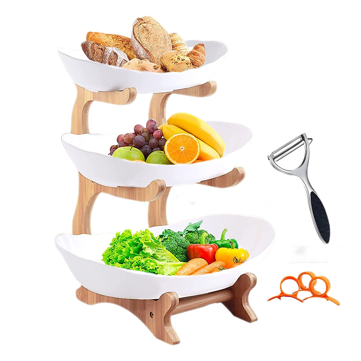 Hfpengzan 3 Tier Ceramic Fruit Bowl, White Oval Serving Bowls Set with Natural Bamboo Rack, Porcelain Fruit Basket Countertop for Kitchen Vegetable Storage, Snack Dessert Cake Candy Tray Plate Holder